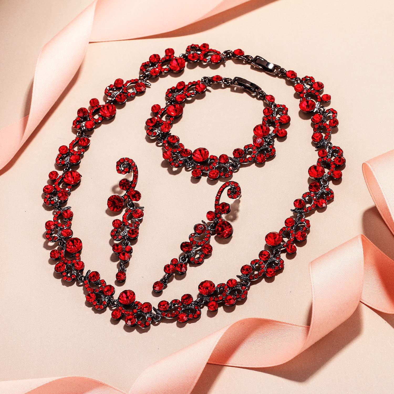EVER FAITH Women's Austrian Crystal Stunning Prom Flower Necklace Earrings Bracelet Set Red Black-Tone
