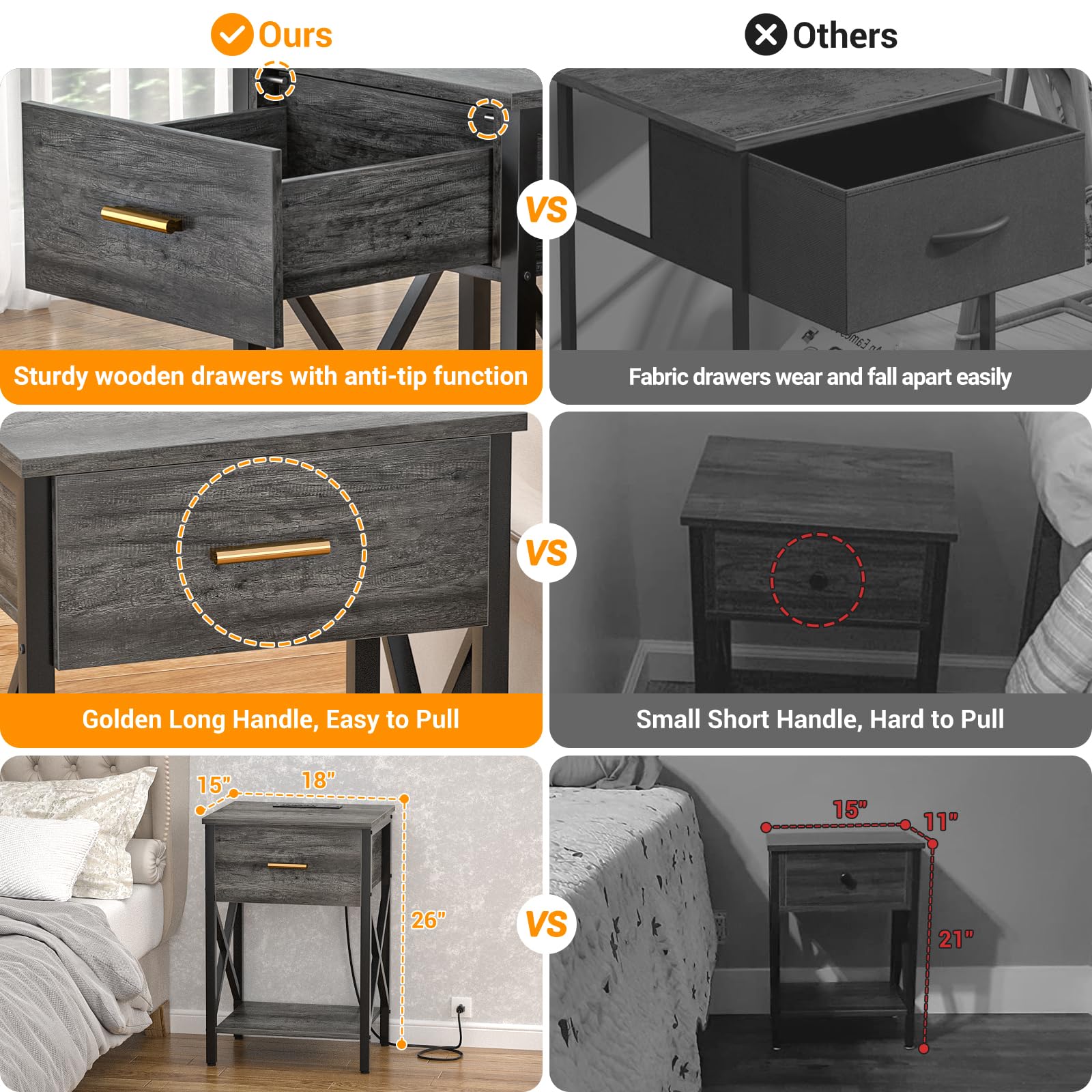 Ecoprsio Oversized Nightstands Set of 2, 26" Bedside Table with Charging Station, Modern End Side Table with X-Design, Tall Night Stand with Drawer and Shelf for Bedroom, Living Room, Sofa, Grey