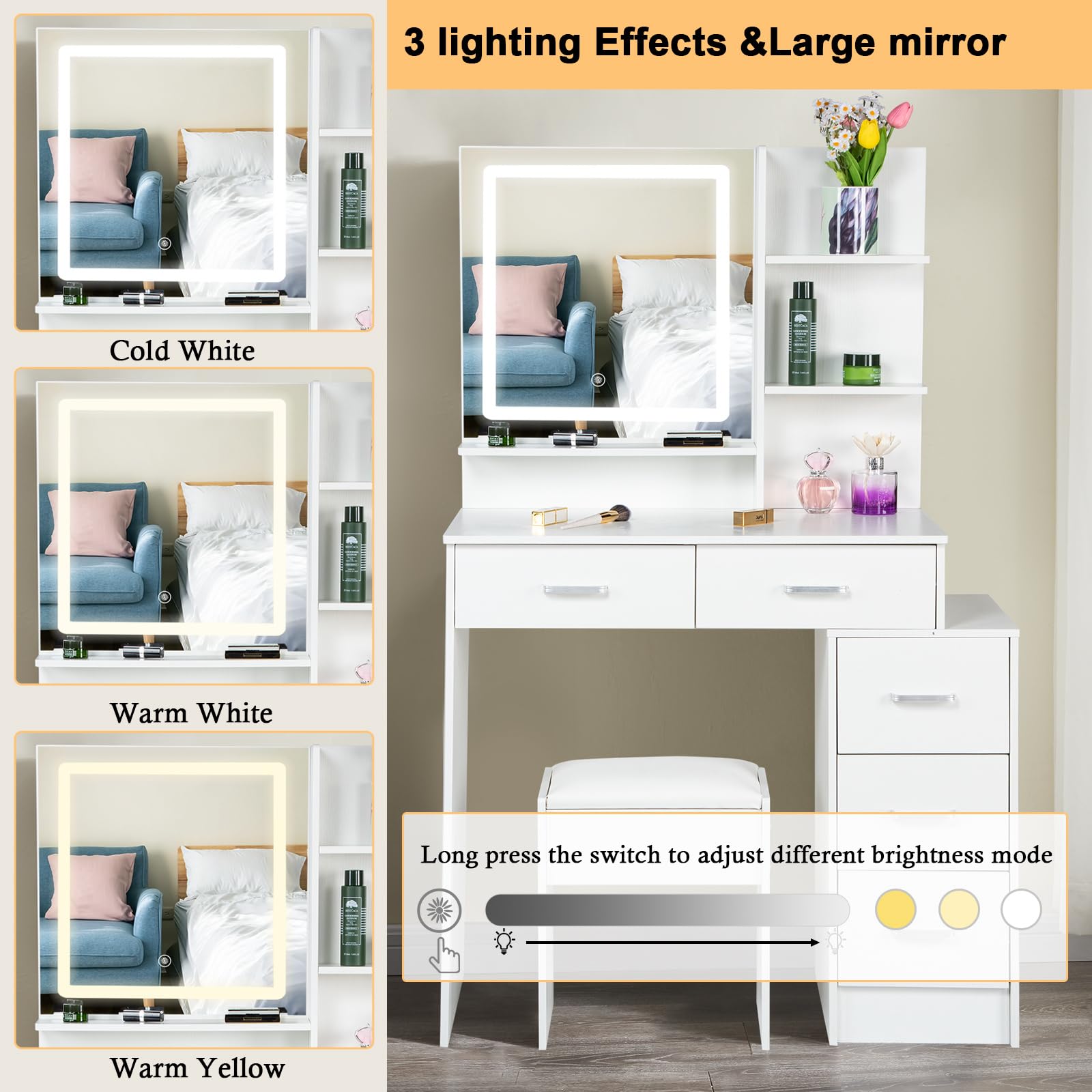 Dradaomull Makeup Vanity with LED Light in 3 Colors, Vanity Table with 4 Shelves and 5 Drawers, Dressing Table with Chair and Adjustable Brightness for Bedroom