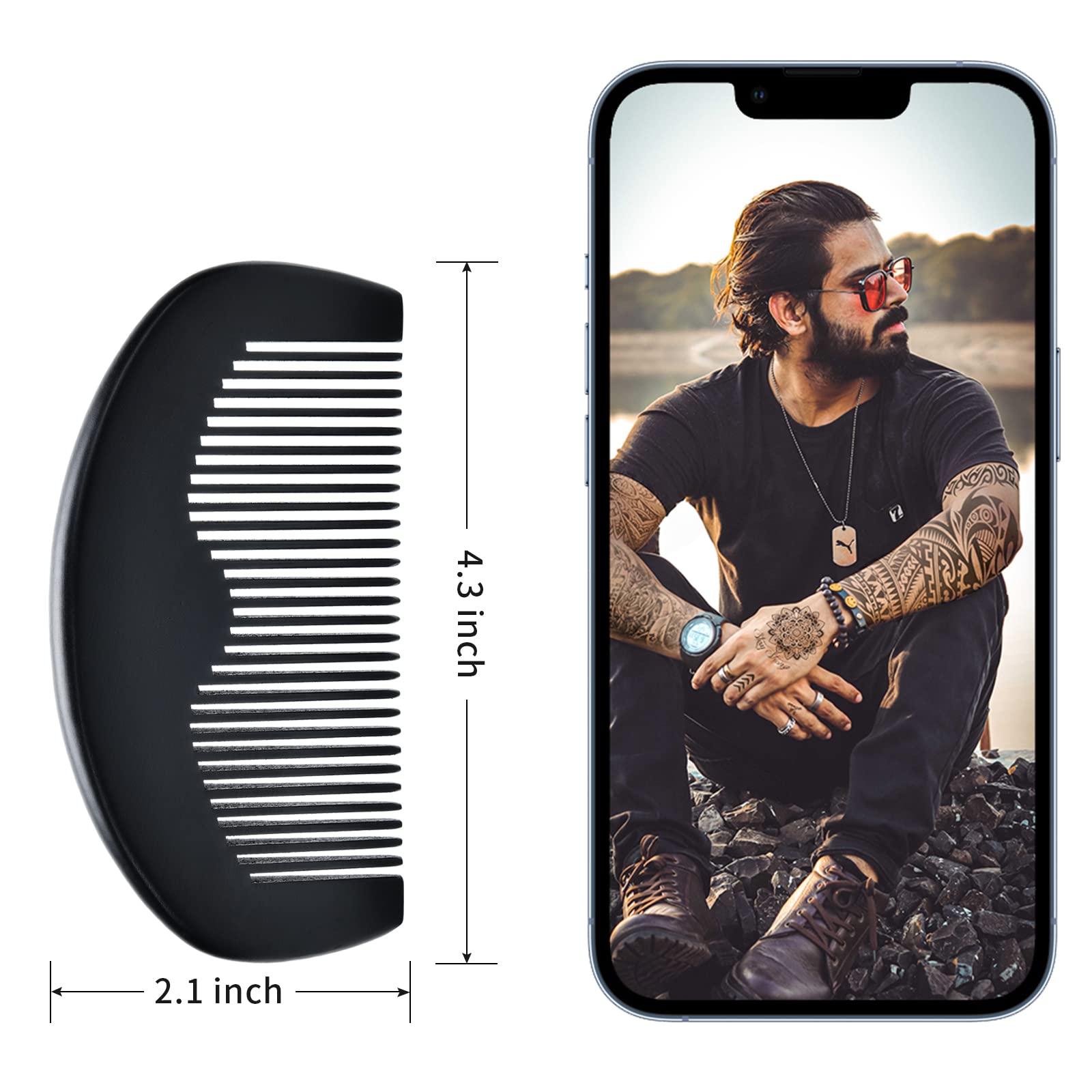 kometer Wood Beard Comb for Men - Portable, Anti Static, Pocket Size Detangler for Beards and Mustache，black minimalist