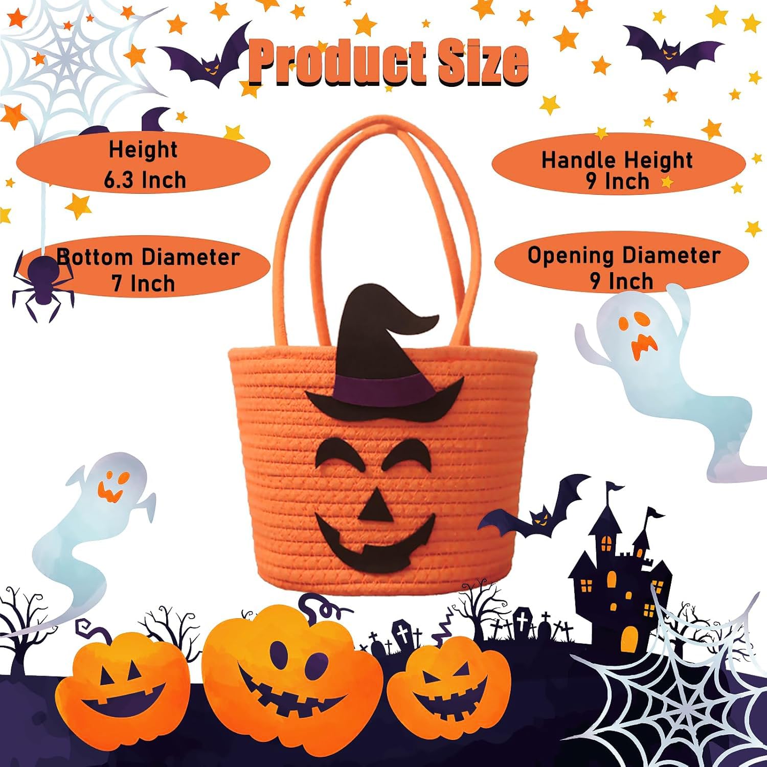 Poschnor Halloween Basket, Halloween Pumpkin Basket for Kids, Halloween Candy Basket, Small Woven Rope Basket bins, Empty Gift Basket for Halloween Decorations, Orange