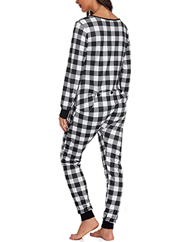 Ekouaer Warm Onesie Pajamas for Women Adults Button Down Plus Size Black Plaid One Piece PJs Black/White Plaid XXL