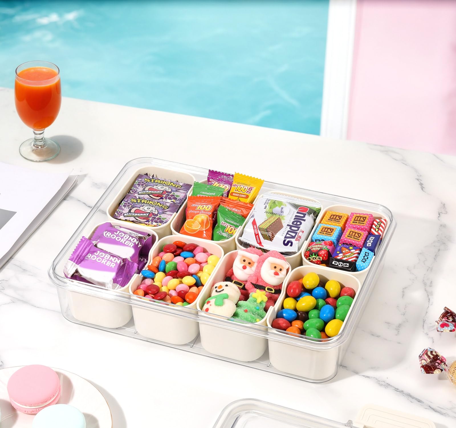 TOGGOT Portable Snackle Box Container - Divided Serving Tray with Lid and Handle, Clear Snack Box Organizer for Fruits, Candy, Charcuterie, Snacks - Ideal for Party & Travel