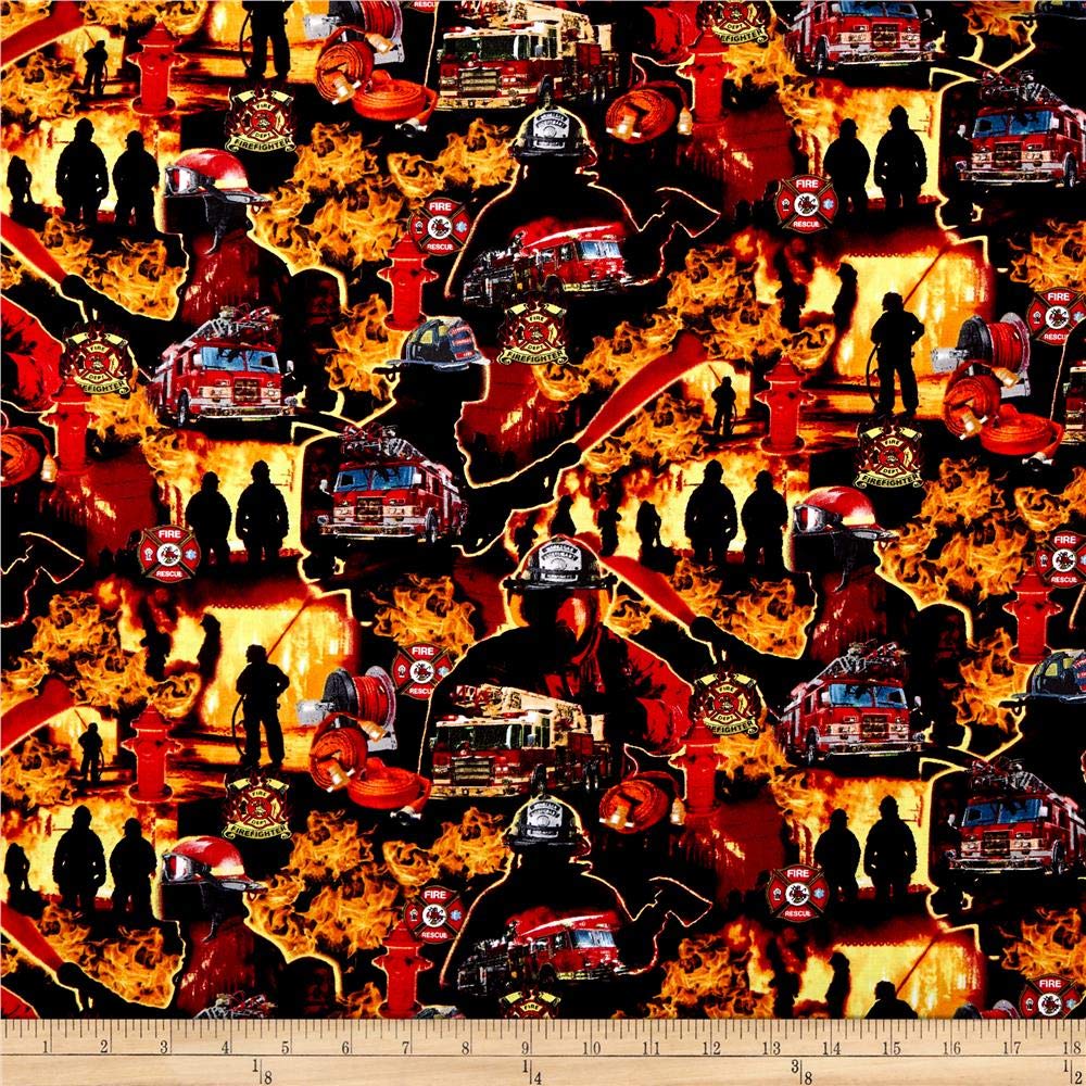 Under Fire Fireman Montage Red, Fabric by the Yard
