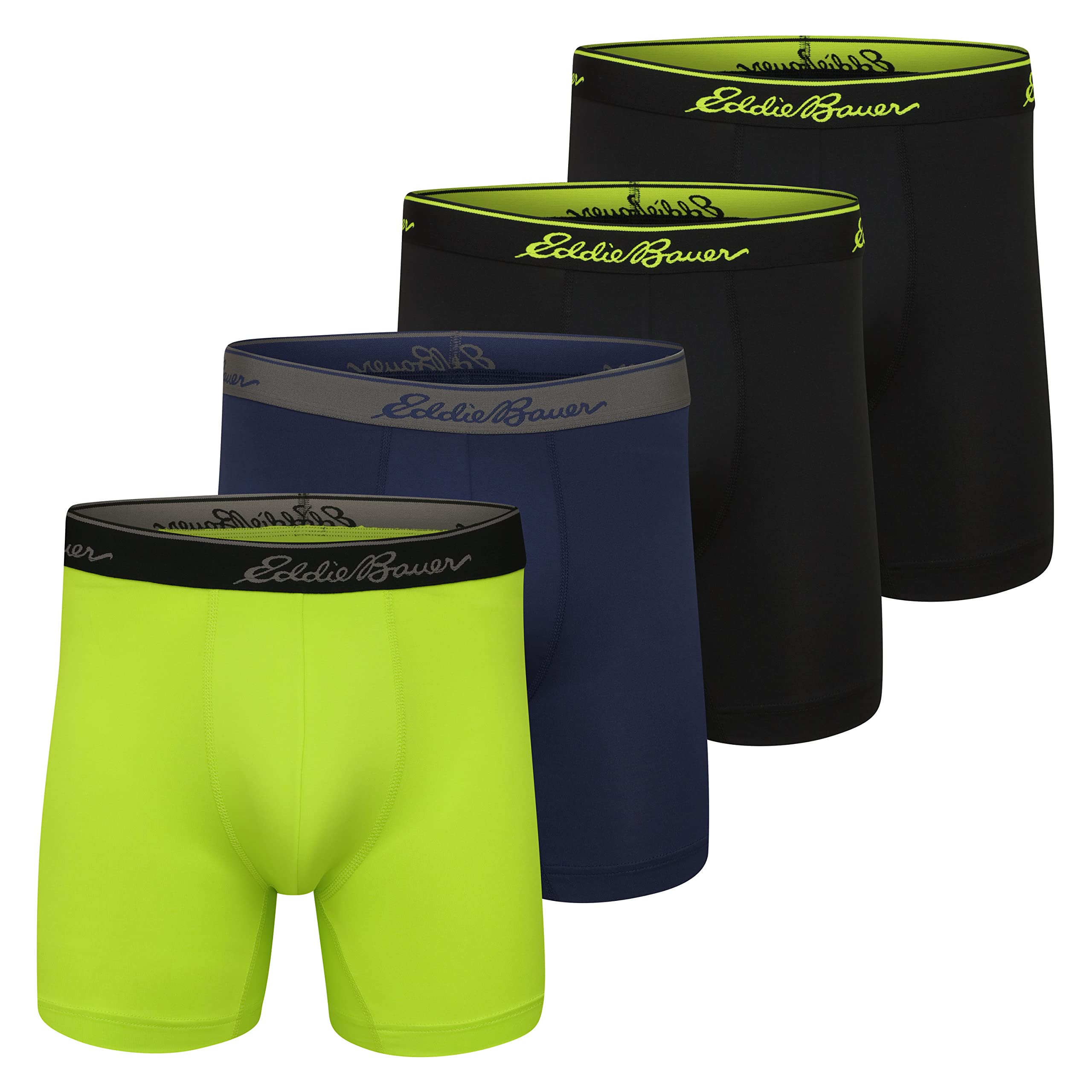 Eddie Bauer Men 5" No Fly Performance Brushed Fabric Boxer Brief Underwear (4 Pack), Black/Dust Indigo/Limeade/Dk Loden, X-Large