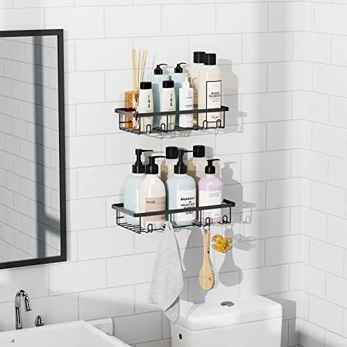 Tivisir Shower Caddy 4-Pack,Bathroom Storage Rack with Hook,Adhesive Shower Organizer &Drilling, Shower Organizer with Toothbrush Holder with Soap Rack,Rustproof Stainless Steel Shower Shelf (Black)
