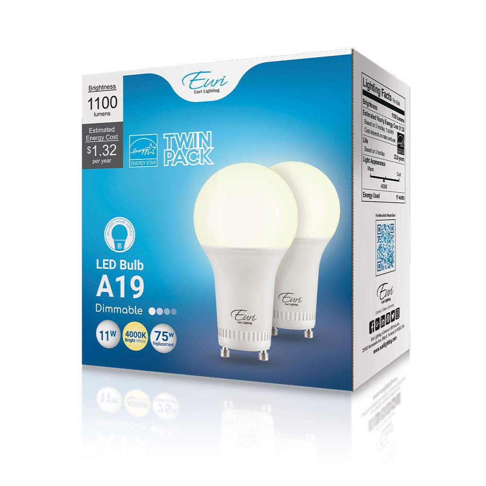 Euri Lighting EA19-11W2040eG-2 2-Pack LED A19 Bulb, 4000K (Bright White), Dim, 11W (75W) Equivalent 1100lm, 220° Beam Angle, GU24 Base, UL & Energy Star Listed, Enclosed & Damp Rated