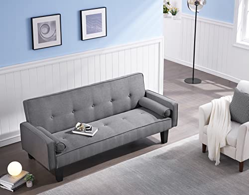 FANYE 71.65“W Modern 3-in-1 Upholstered Napping Futon Loveseat Convertible Sleeper Bed,2-Seaters Sofa & Couch Tufted Cushions Love Seat Daybed for Small Space Living Room, Gray With Pillows, Deep Grey