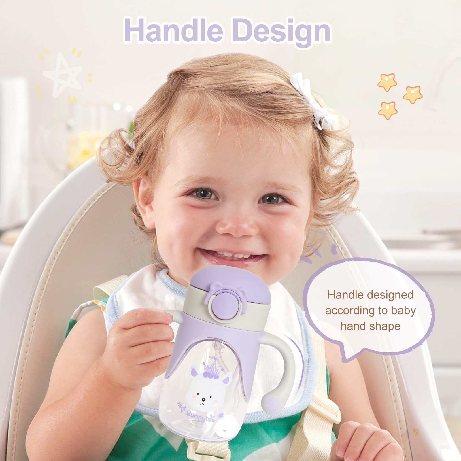 GreatKid Baby Sippy Cup with Weighted Straw - Ideal for 1+ Year Old and Transitioning Infants 6-12 Months - Spill-Proof and Easy to Hold with Handle - 8oz(Pruple｜Handle)