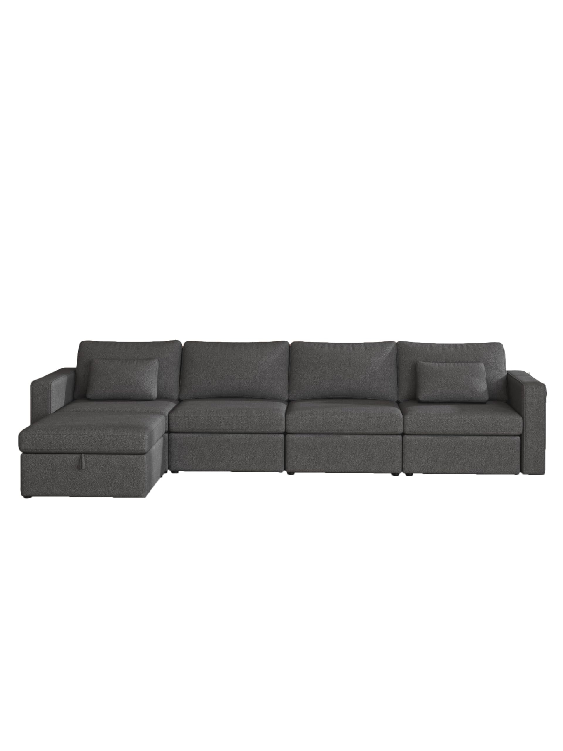 RENDGO Oversized Modular Sectional Sofa Convertible Linen Fabric Couch Set, L Shaped Couch with Reversible Chaise, 130 inch Width,5 Seat Modular Sofa with Storage Ottomans, Dark Grey
