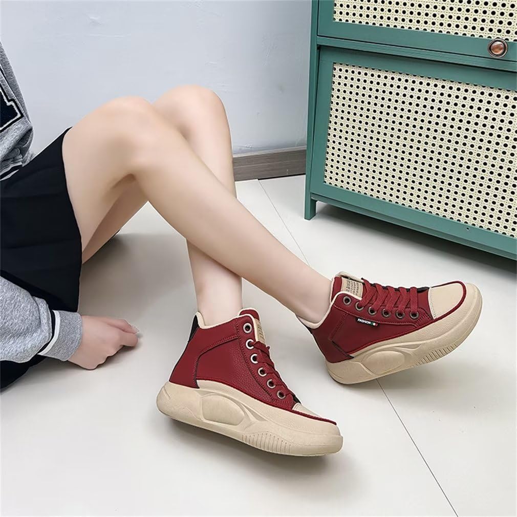 GSLMOLN Women's Walking Shoes, Platform High-top Lace Up Sneakers, Breathable Sports Shoes Red