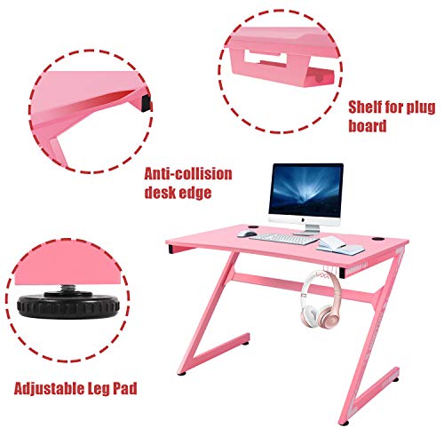 YIGOBUY Pink Gaming Computer Desk 43 Inch Barbie Gaming Table Z Shape Black Racing Table Student Desk with& Headphone Hook for Kids Adults Home Office Bedroom Computer Workstation