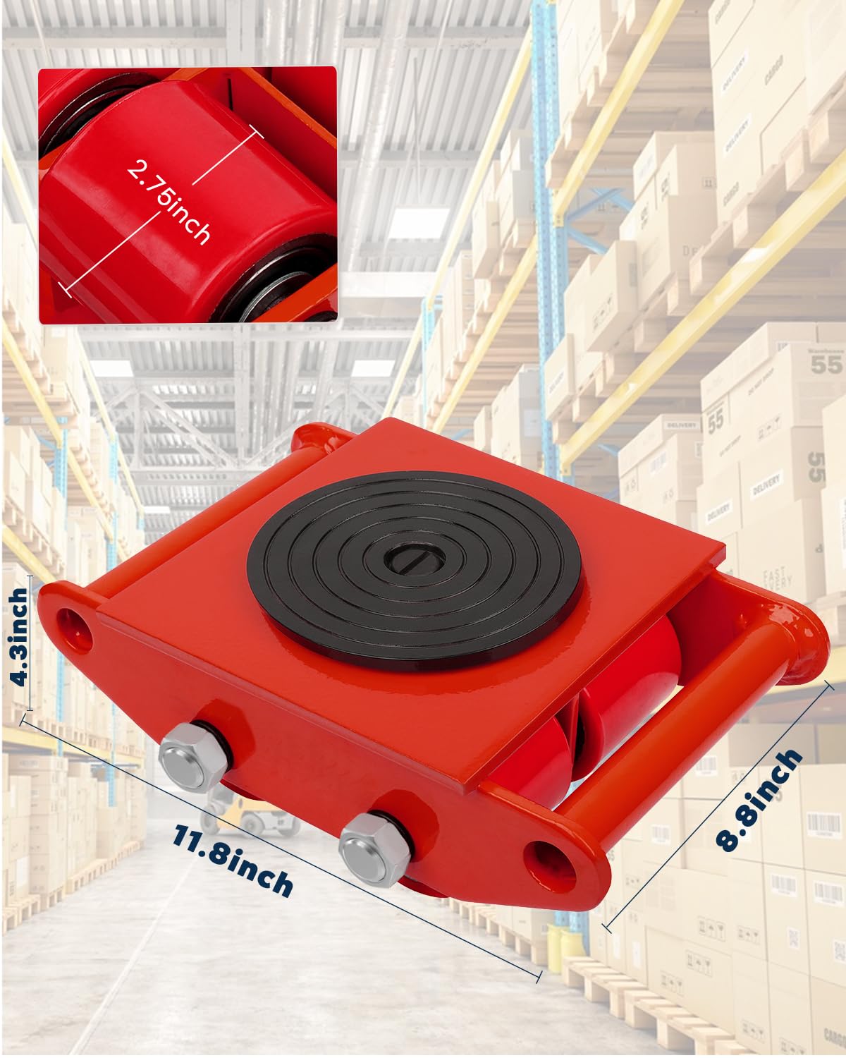 FAHKNS Machinery Moving Skate Heavy Duty Machinery Skates Cargo Mover 6T Machine Skates with 360° Rotation Cap 4 PU Rollers for Heavy Duty Industrial Moving Equipment(Red)