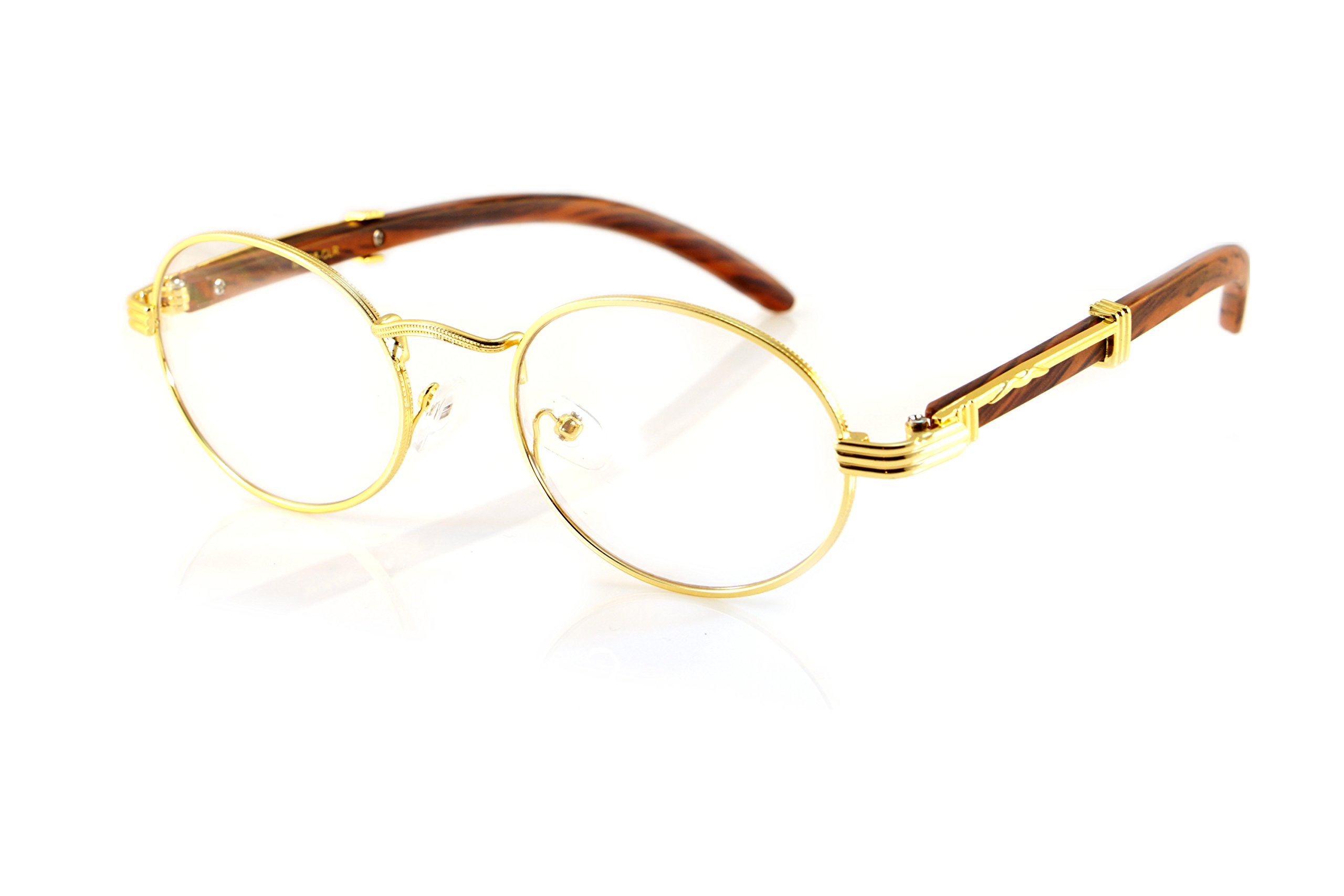 Fa.Beau.Lux FBL Vintage Oval Clear Lens Metal & Wood Feel Eyeglasses A103 (Gold/Brown)