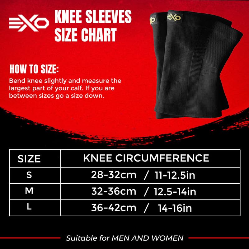 EXO Knee Compression Sleeves, Neoprene Sleeves for Women and Men, High-Performance Knee Compression Support for Squats, Weight Lifting, Powerlifting, Workout - Suitable for Joints, & Arthritis Pain