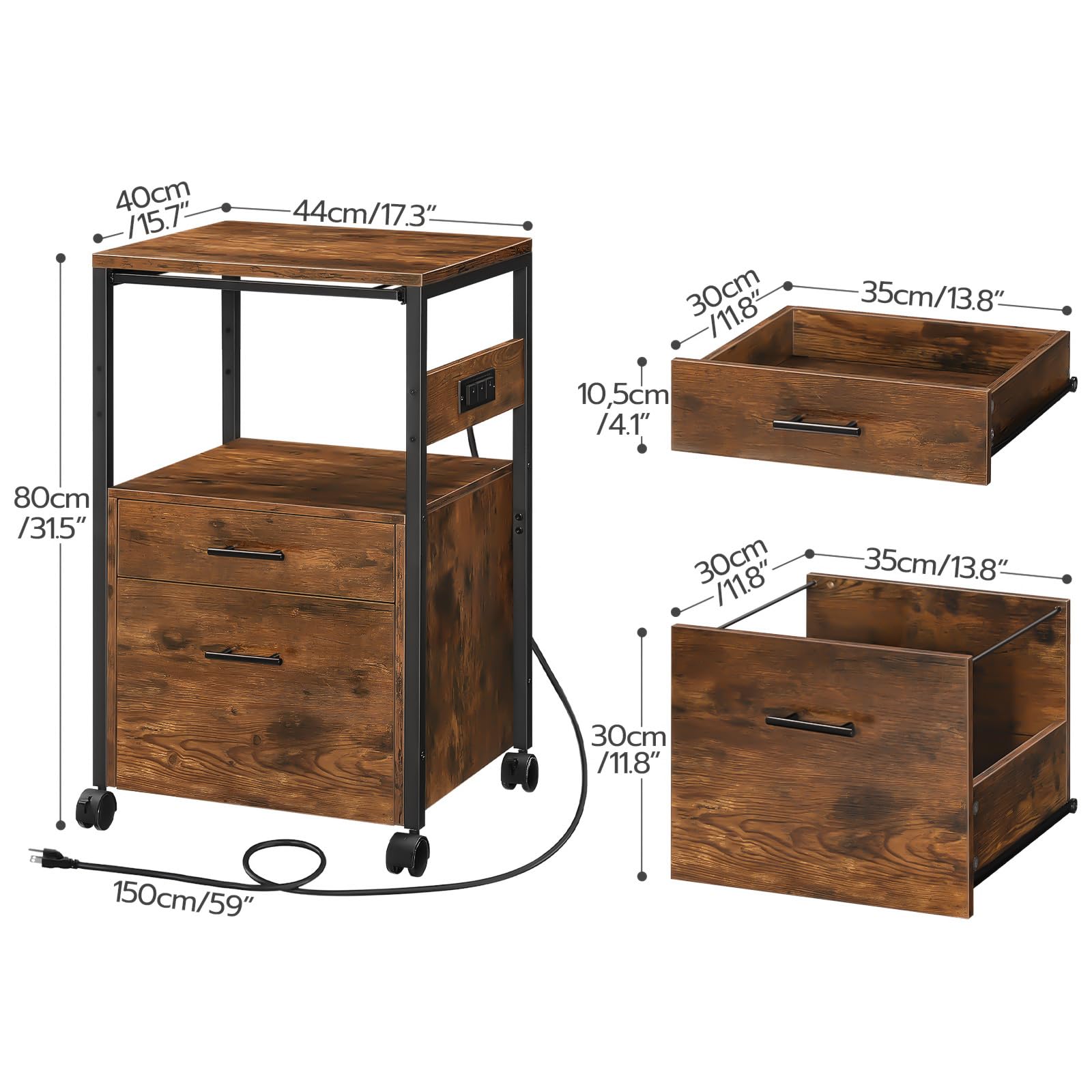 HOOBRO 2 Drawer File Cabinet, Mobile Printer Stand with Open Storage Shelf, Filing Cabinet with Charging Station, Wooden Office Cabinet fits A4/Letter Size, Rustic Brown and Black BF80UWJ01