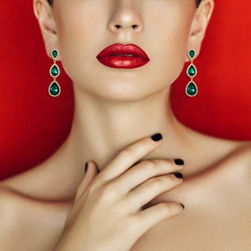 EleQueen Women's Gold-tone Austrian Crystal Teardrop Pear Shape 2.5 Inch Long Dangle Earrings Emerald Color