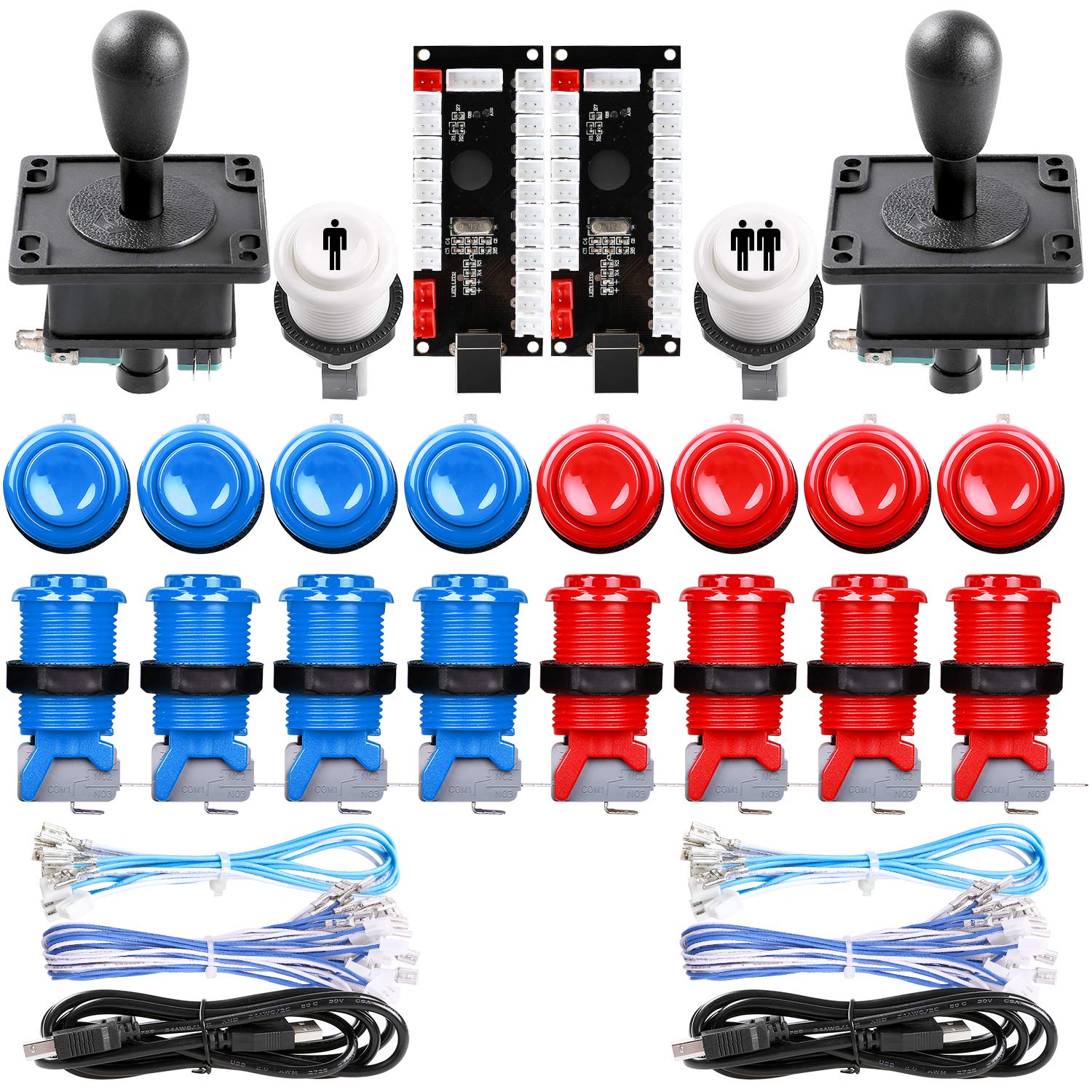 Easyget Classic Arcade Game DIY Parts for Mame USB Cabinet 2X Zero Delay USB Encoder + 2X 8 Way Classic Arcade Joystick + 18x Happ Style Push Button Blue + Red Color Kits