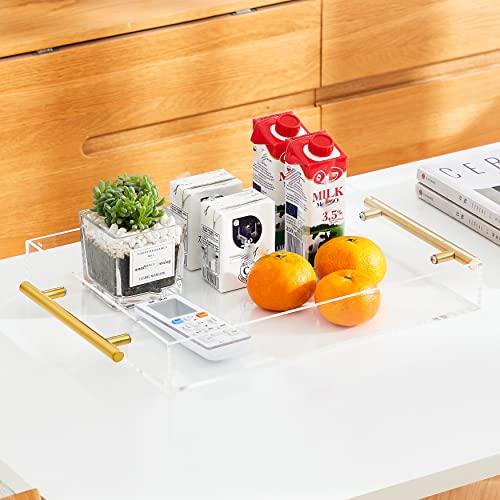 MUKEEN Clear Acrylic Serving Tray with Metal Handles -Spill Proof- Decorative Countertop Organizer for Ottoman Coffee Table Nightstand, sidetable, Breakfast, Tea, Food, Butler (11x14 Inch, Clear)