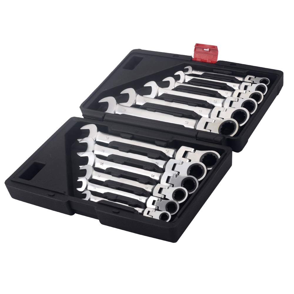 FLZOSPER 12pc. Tightspot Flex-Head Ratcheting Wrench Set,8-19mm Metric CR-V Quick Access Spanner with Portable Toolbox (12PC. Matt Flex Head Wrench)