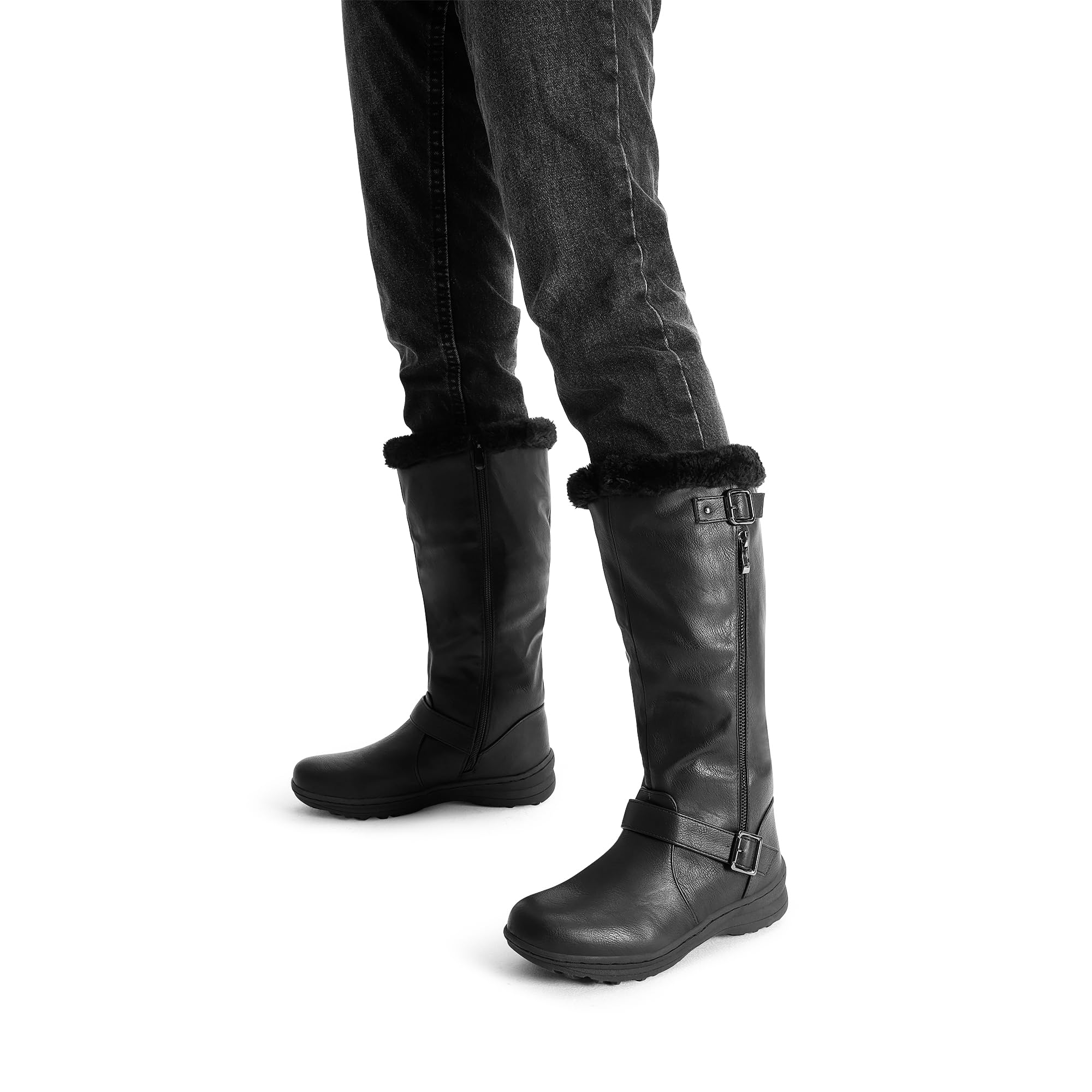 DREAM PAIRS Rabbit Women's Lady Winter Fully Fur Lined Double Buckle Ruched Snow Knee High Boots Black PU-SZ-9