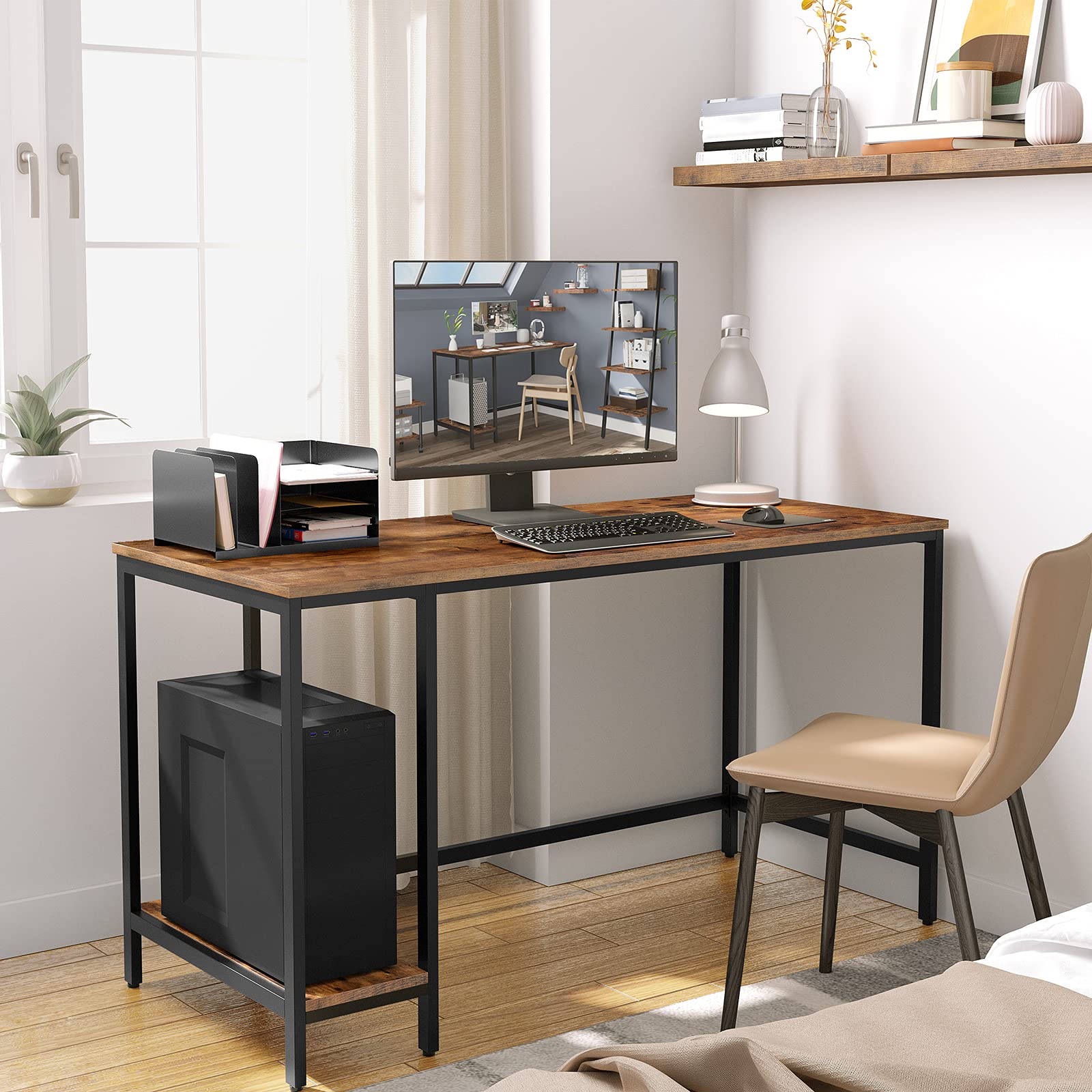 HOOBRO Computer Desk, 55.1 Inch Writing Desk with Adjustable Shelf on Left or Right, Office Study Desk for Laptop, Sturdy Metal Frame, for Home Office, Easy Assembly, Rustic Brown and Black BF60DN01