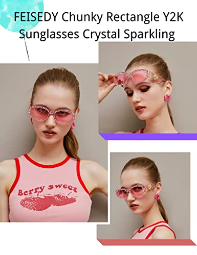 FEISEDY Chunky Rectangle 90s Sunglasses Men Women Crystal Sunglasses UV400 Sparkling Fahion Temple B2880