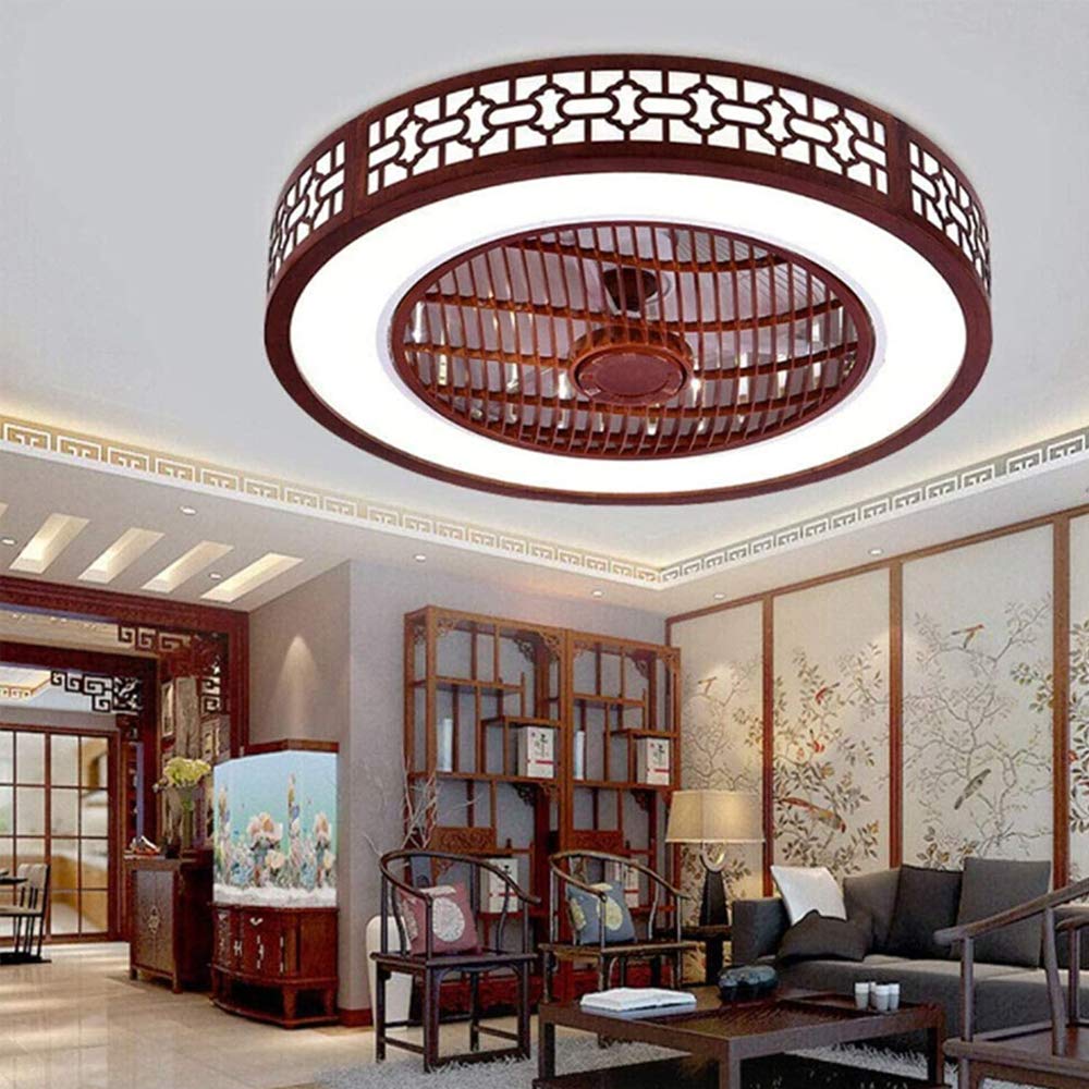 FAiruo Modern Chinese Led Ceiling Fan with Remote Control 64W Invisible Semi-Recessed Installation Solid Wood Adjustable Wind Speed Ceiling Light Fan with Fans Bedroom Living Room Dining