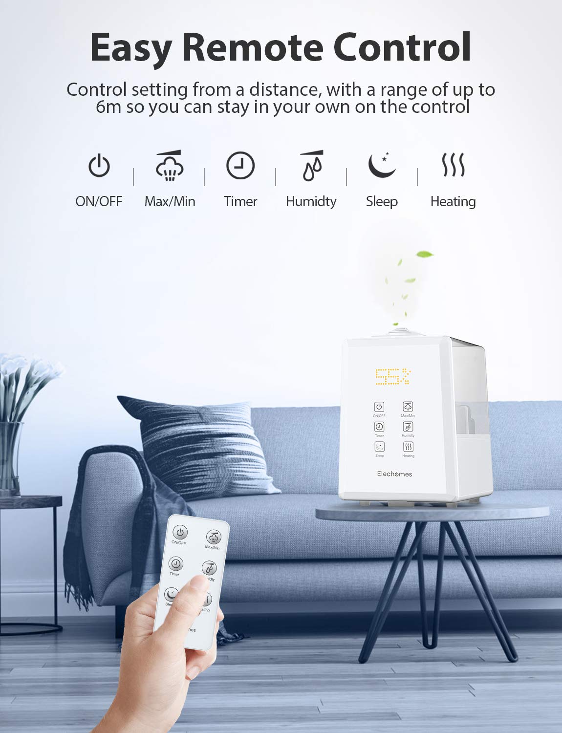 Elechomes Humidifiers for Bedroom (6L), Ultra-Quiet Warm and Cool Mist Humidifiers for Home, Baby and Plants, Humidity Sensor, Sleep Mode, Timer, UC5501, White