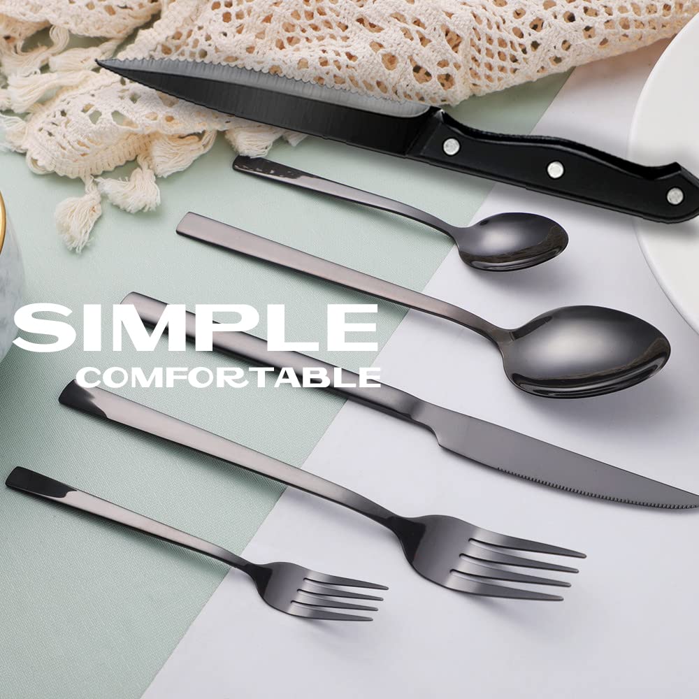 JGJGJG Silverware Set,24 Piece Stainless Steel Flatware Cutlery Set Service For 4,Include Steak Knives/Knife/Fork/Spoon,Mirror Finish, Dishwasher Safe Perfect For Home Kitchen Restaurant (Black)