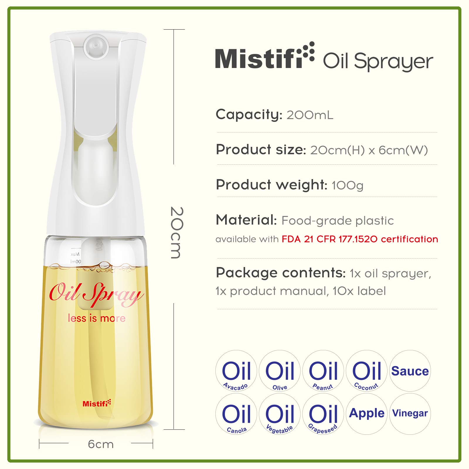 Mistifi Oliver Oil Sprayer for cooking, Spray bottle 6oz, Non-Aerosol Refillable Dispenser Oil Mister FS600 Less is More