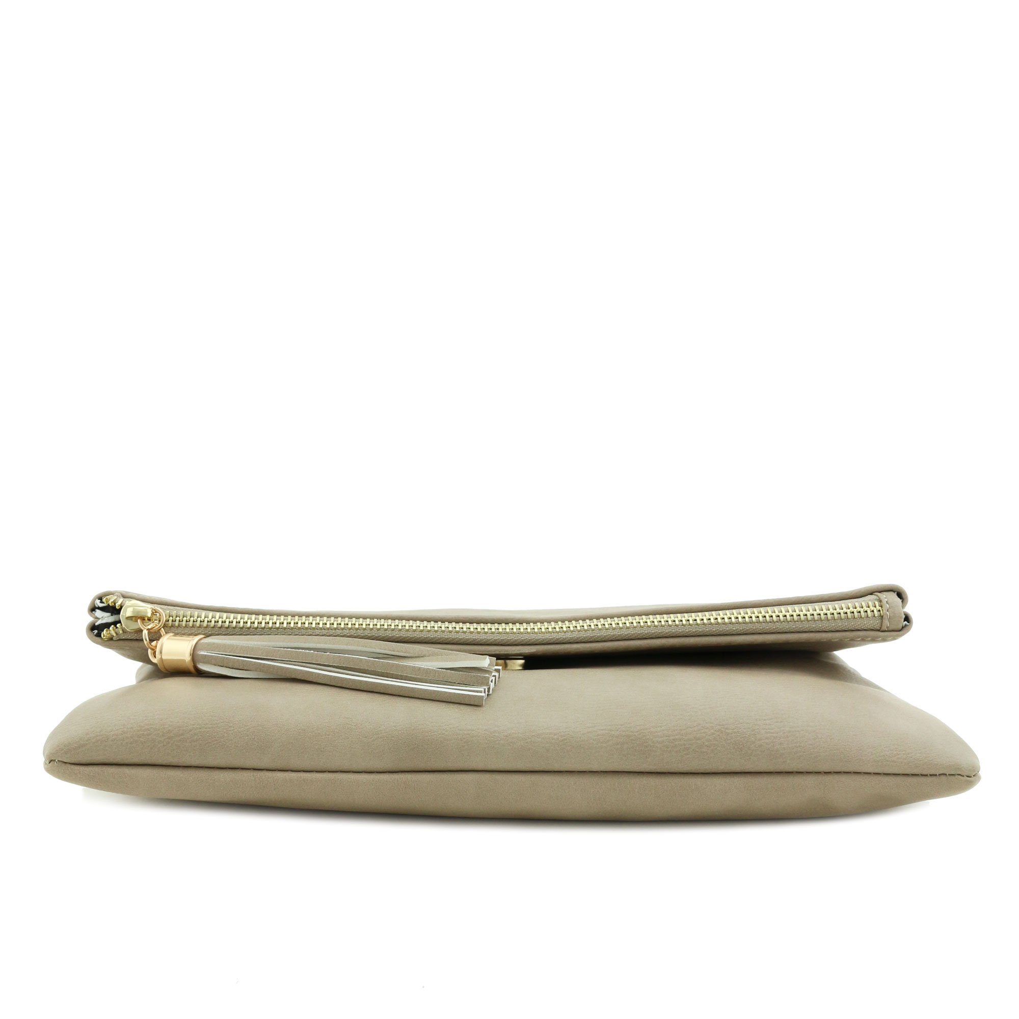 FashionPuzzle Tassel Accent Flapover Clutch Purse with Chain Strap Beige (Brick) One Size