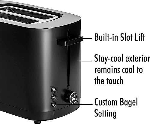 ZWILLING Enfinigy Cool Touch Toaster 2 Slice with Extra Wide 1.5" Slots for Bagels, 7 Toast Settings, Even Toasting, Reheat, Cancel, Defrost, Black