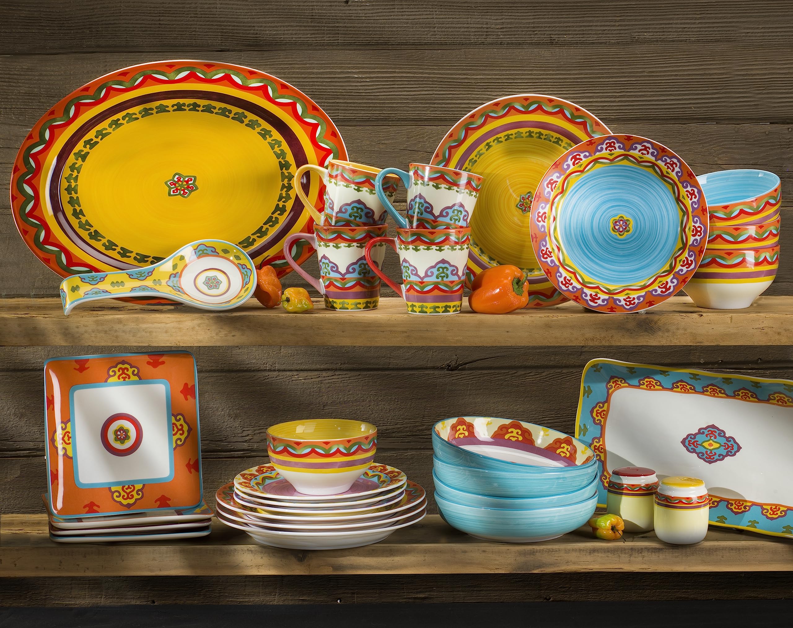 Euro Ceramica EC-GAL-1001 Galicia Collection Andalusian-Inspired 16 Piece Dinnerware Set, Vibrant Assorted Patterns, Multicolor