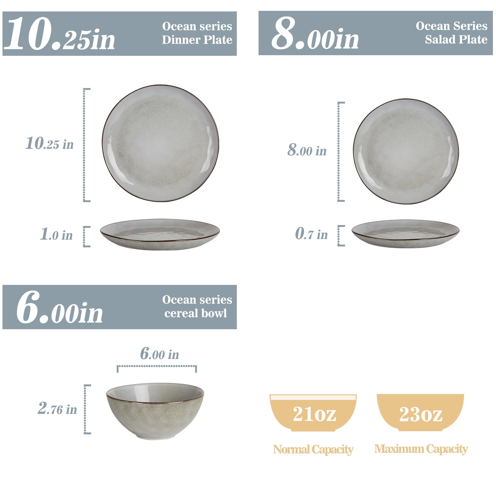 Famiware Dinnerware Sets for 4, Ocean Round 12-Piece Kitchen Plates and Bowls Sets, Reactive Glaze, Microwave and Dishwasher Safe, Scratch Resistant, Grey