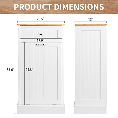 TOLEAD Tilt Out Trash Cabinet,Antique-Style Beadboard Kitchen Island with Solid Wood Tabletop & Drawer, Pet Proof Trash Can, Wood Laundry Cabinet (White)