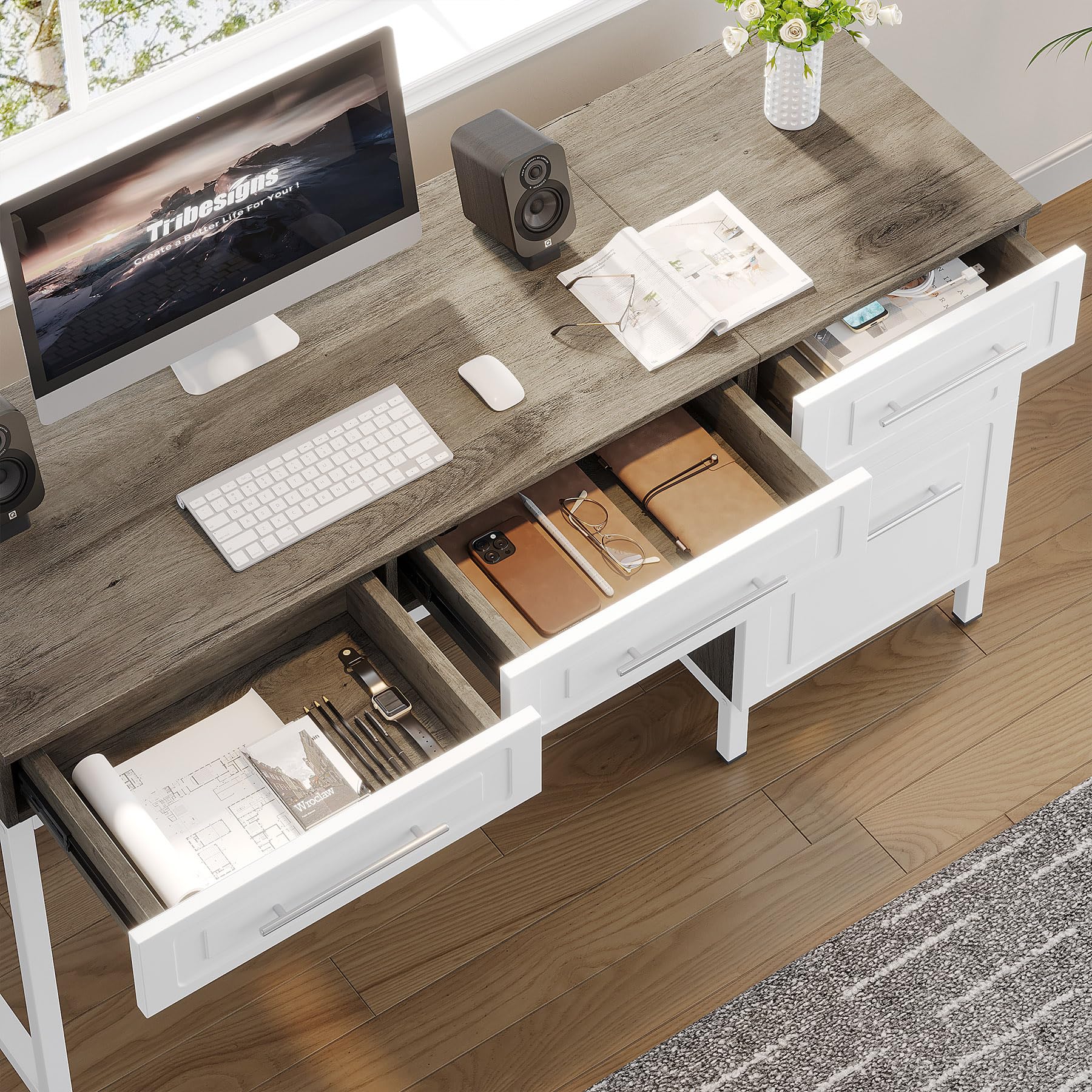 Tribesigns Computer Desk with 5 Drawers, 55-Inch Reversible Home Office Desk with File Drawer Cabinet, Modern PC Desk with Storage, Study Writing Table Workstation for Small Spaces, White and Gray