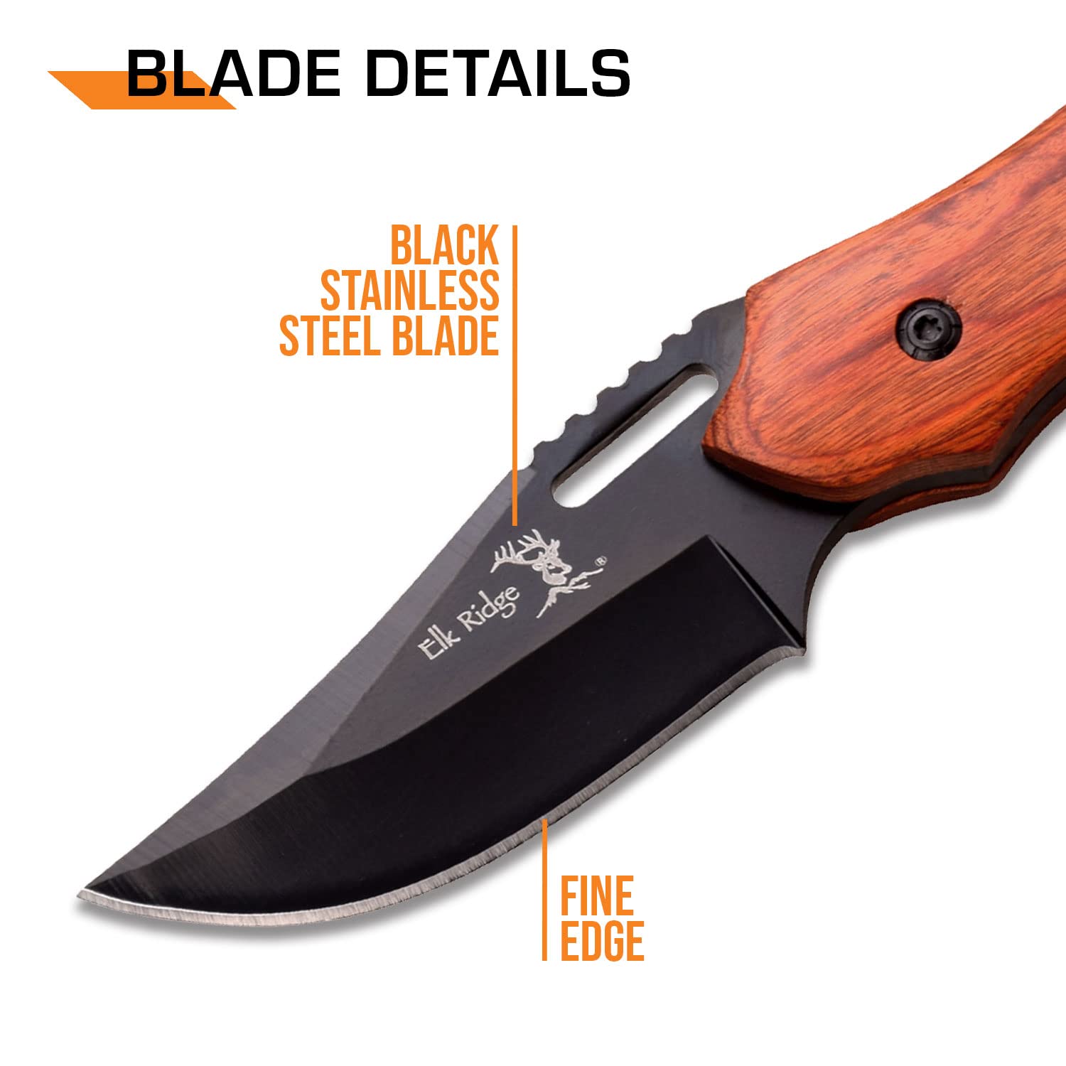 Elk Ridge - Outdoors Fixed Blade Knife - 6-in Overall, 3-in Black Stainless Steel Blade, Brown Wood Handle, 1680D Nylon Sheath - Hunting, Camping, Survival - ER-562WD