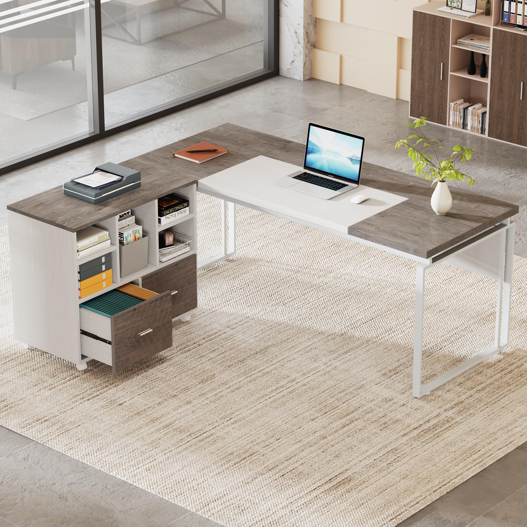Tribesigns L-Shaped Executive Desk with Reversible File Cabinet, 63" Office Desk with Storage Drawers, L-Shaped Computer Desk with Drawer Cabinet for Hanging Letter Size Files,Gray & White