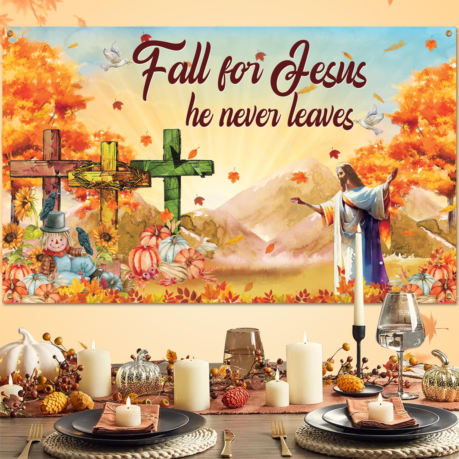 Fall for Jesus He Never Leaves Banner, Fall for Jesus He Never Leaves Decorations, Fall Banner for Christian Fall Decorations, Fall Festival Decorations-71"x44"
