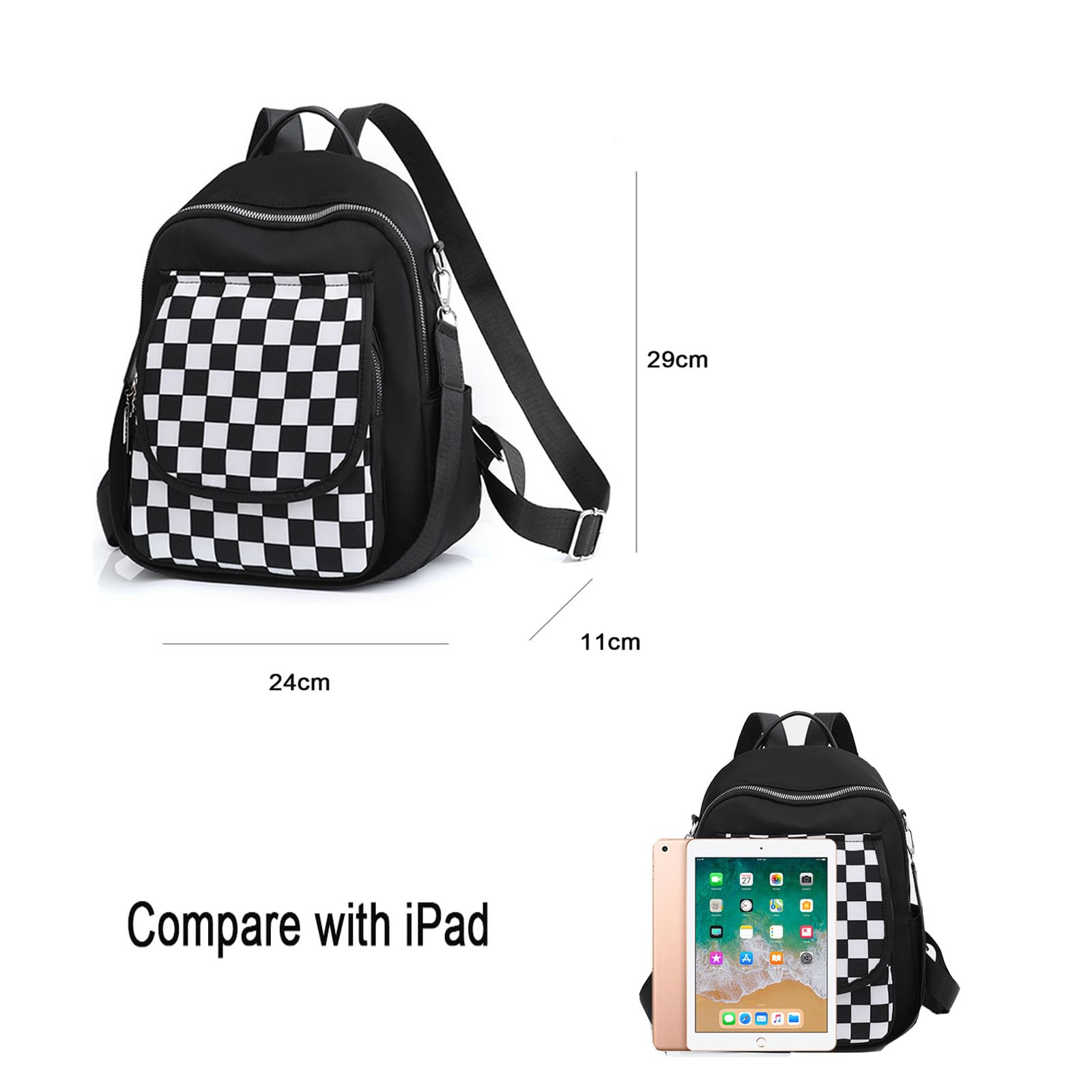 FARMARK Black White Checkered Plaid Small Backpack Purse for Women, Mini Designer Travel Backpack Purses Nylon Fashion Ladies Shoulder Bag with Convertible Strap