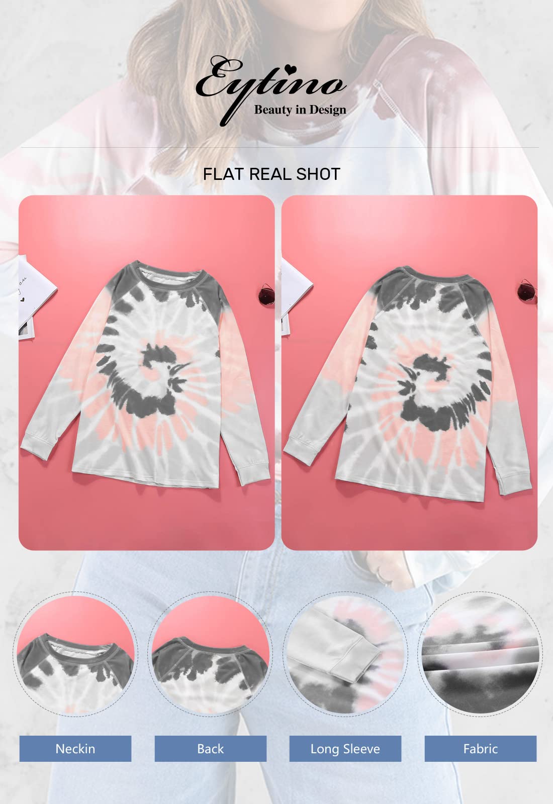 Eytino Women Tie Dye Printed Crew Neck Long Sleeve Pullover Sweatshirt Tops,Large Gray