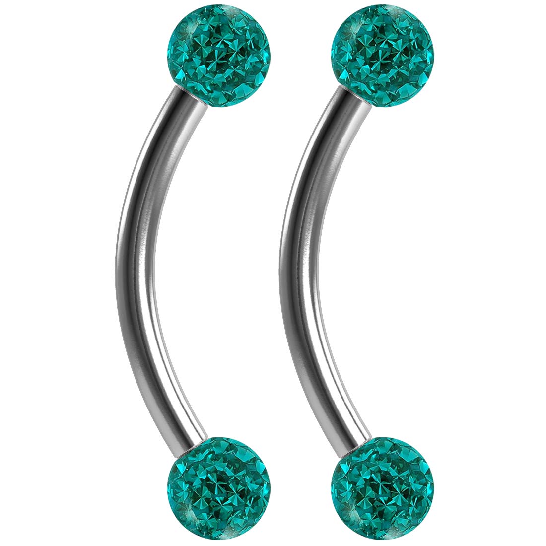 Evonix 2pc 16g Curved Barbell 10mm Crystal Nipple Ring Cartilage Rook Daith Eyebrow Helix Blue Zircona