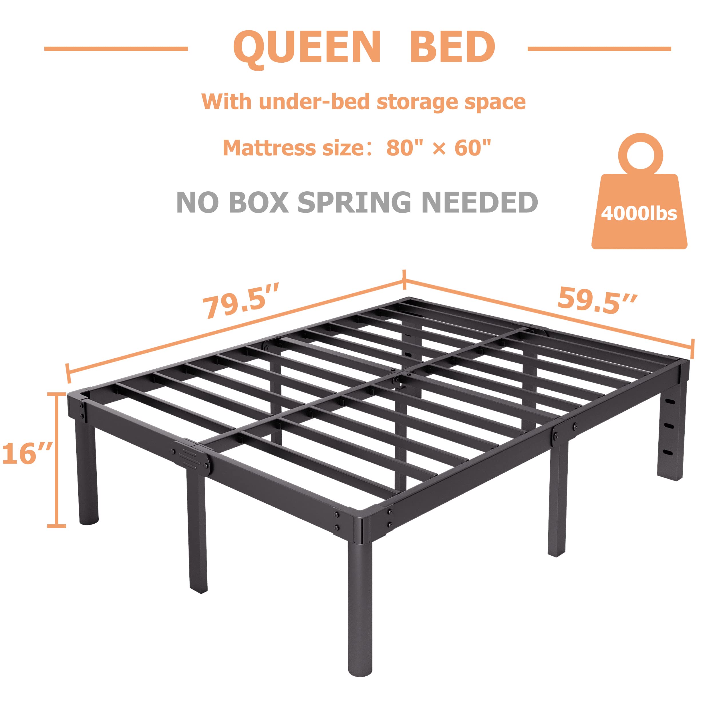 FDLOGW Queen Bed Frame, 12 Inch Queen-Size Bed Frames with Round-Corner Leg, Heavy Duty Steel Slat Mattress Foundation, Easy Assembly, Noise-Free, No Box Spring Needed