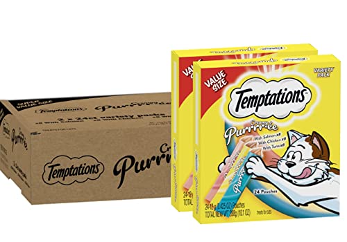 Temptations Creamy Puree with Chicken, Salmon, and Tuna, Variety Pack of Lickable Cat Treats, 0.42 Oz Pouches, 48 Count Variety Pack