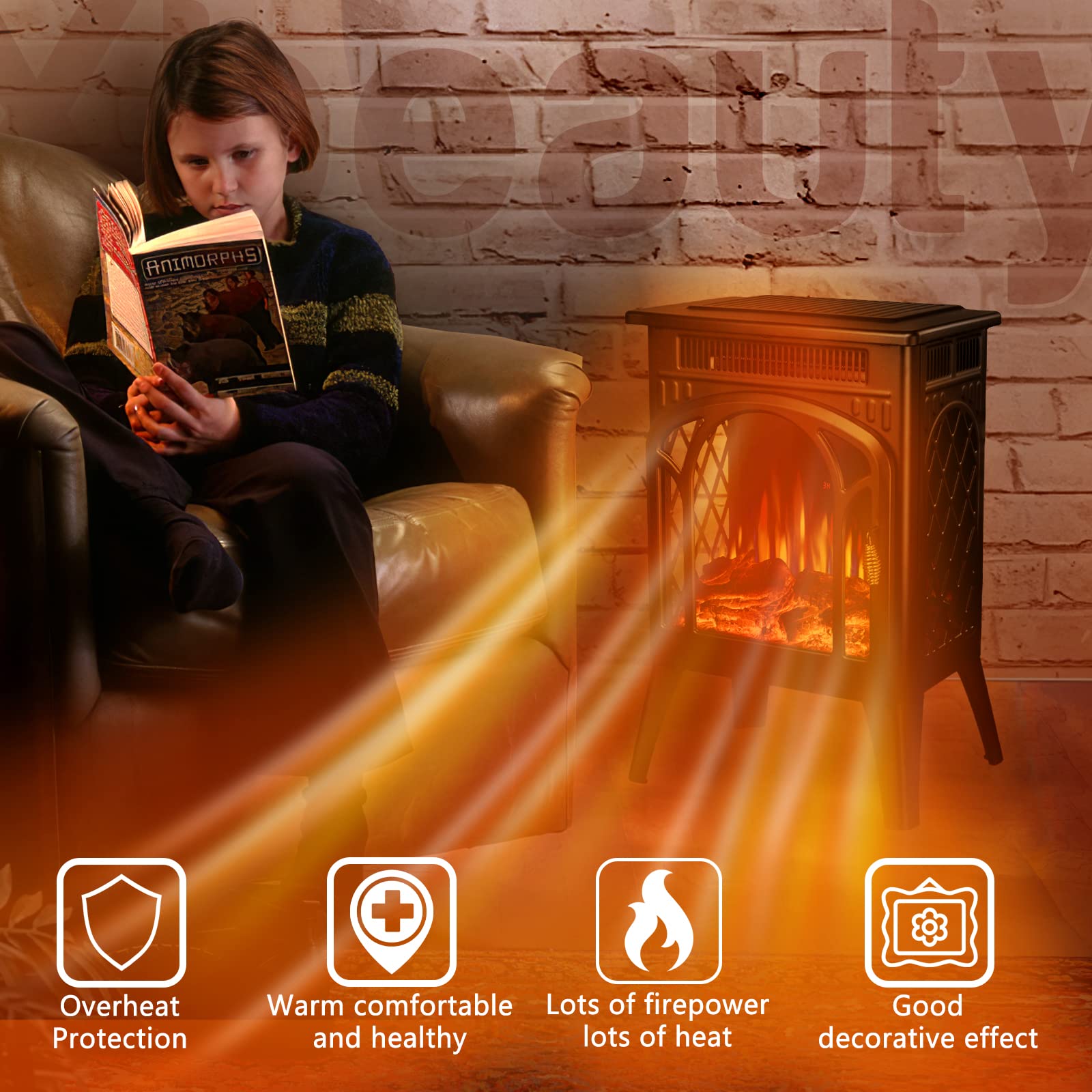 Electric Fireplace Heater 17inch Portable Electric Fireplace Heater Indoor,Black