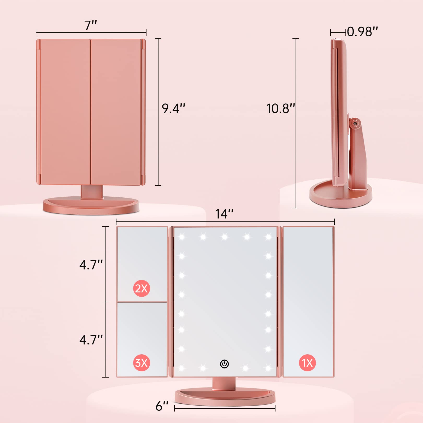 FASCINATE Lighted Makeup Mirror, Feature 21 Bright LED Lights, Dimmable Brightness, One Touch Power Switch, Multiple Magnifying Option (3x/2x/1x) Trifold LED Vanity Mirror, 180 Degrees