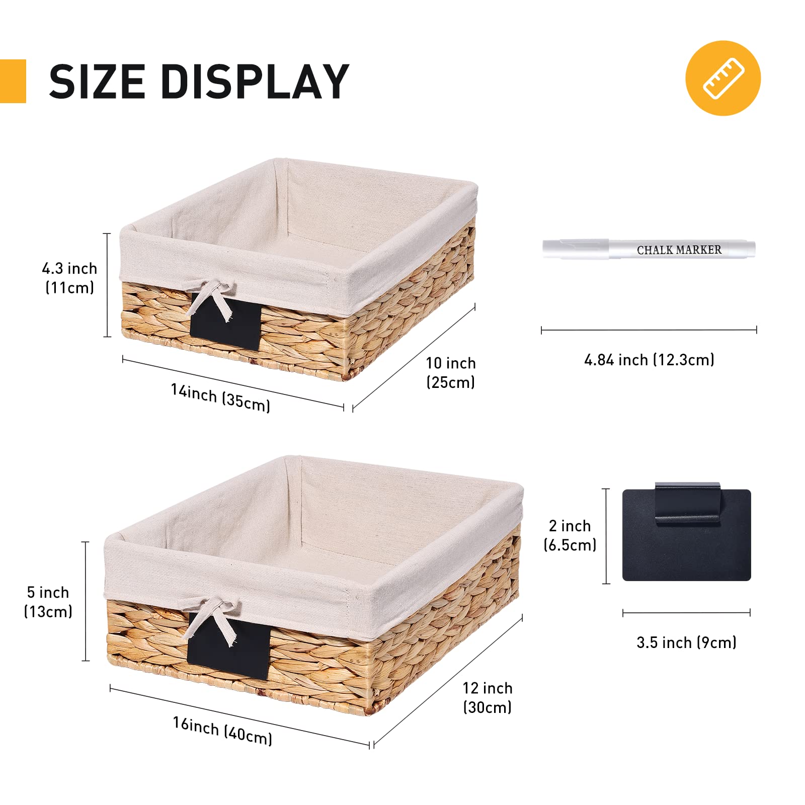 GUDE Water Hyacinth Storage Baskets, Set of 2 Handwoven Wicker Organizers Pantry Baskets Nesting with Handle, Chalkboard Labels & Chalk Marker,12 x 16 x 5 inches