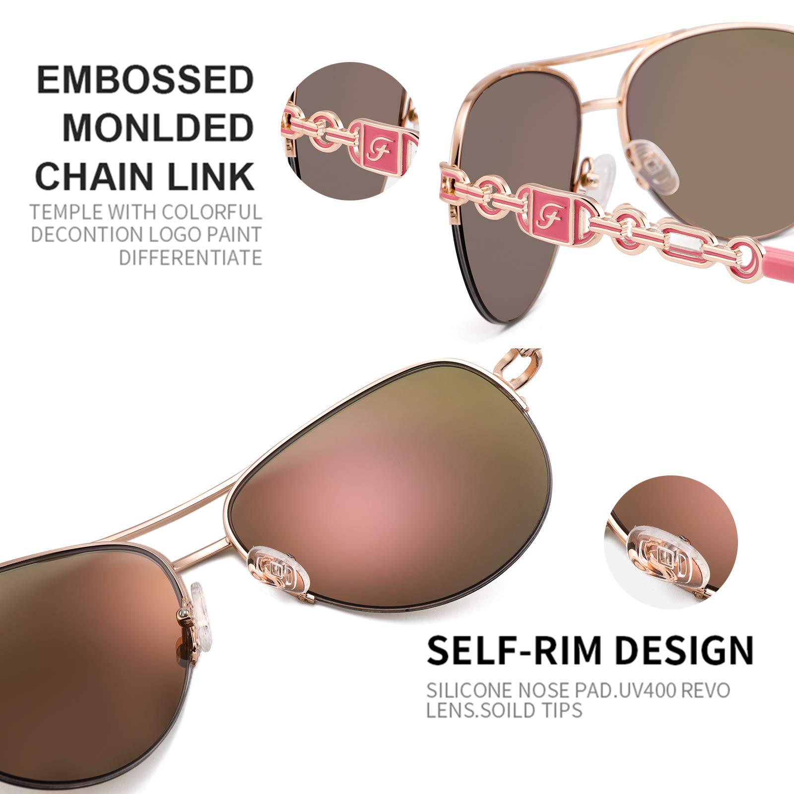 FENCHI Classic Aviator Sunglasses for Women Mirrored Lens Chain Arms Half Rim Metal Frame Sun Glasses UV 400 Protection 60mm