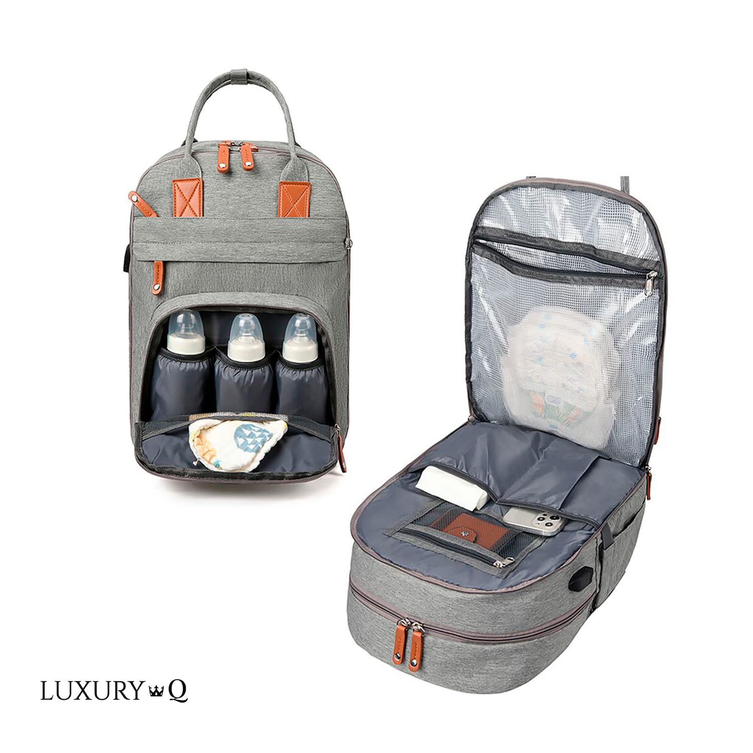 Luxury Queen Diaper Bag Backpack with Portable Changing Pad, Pacifier Case and Stroller Straps, Large Unisex Baby Bags for Boys Girls, Multipurpose Travel Back Pack for Moms Dads Gray